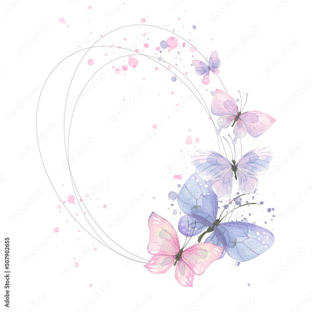 Oval frame with butterflies and splashes of paint. Delicate, airy ...