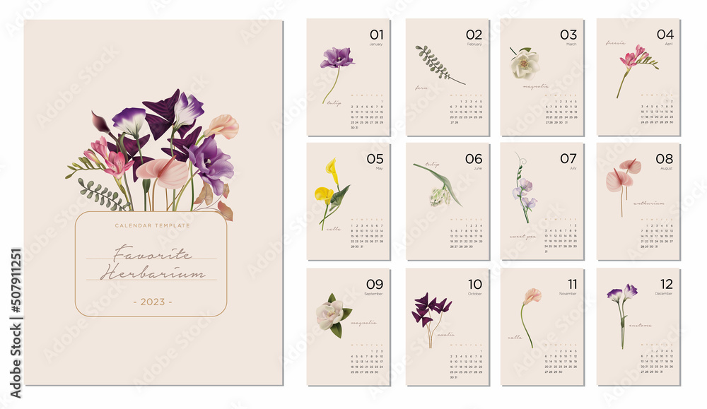 2023 calendar template on a botanical theme. Calendar design concept ...