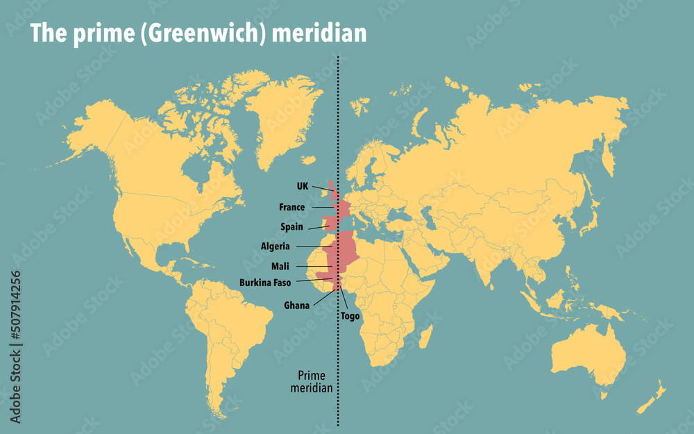 Modern map showing the countries that the prime Greenwich meridian ...