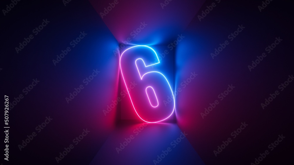 3d render, pink blue neon number six, digital symbol inside square box ...