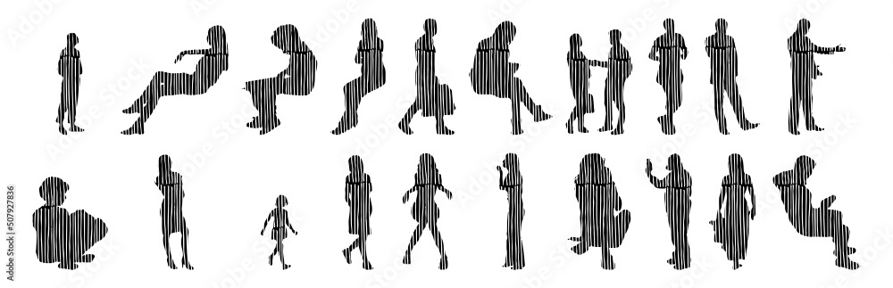 Vector illustration, Outline silhouettes of people, Contour drawing ...