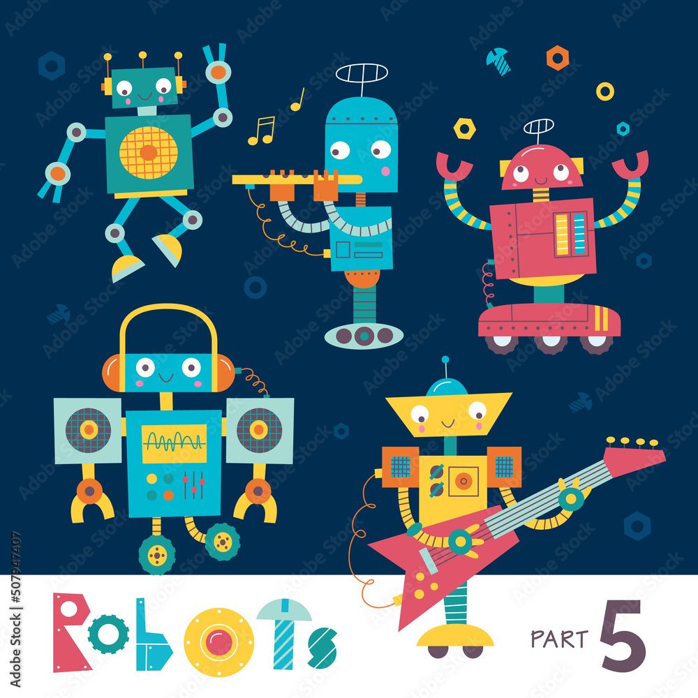 Vector set of cartoon robots isolated on a dark background. Part 5 ...