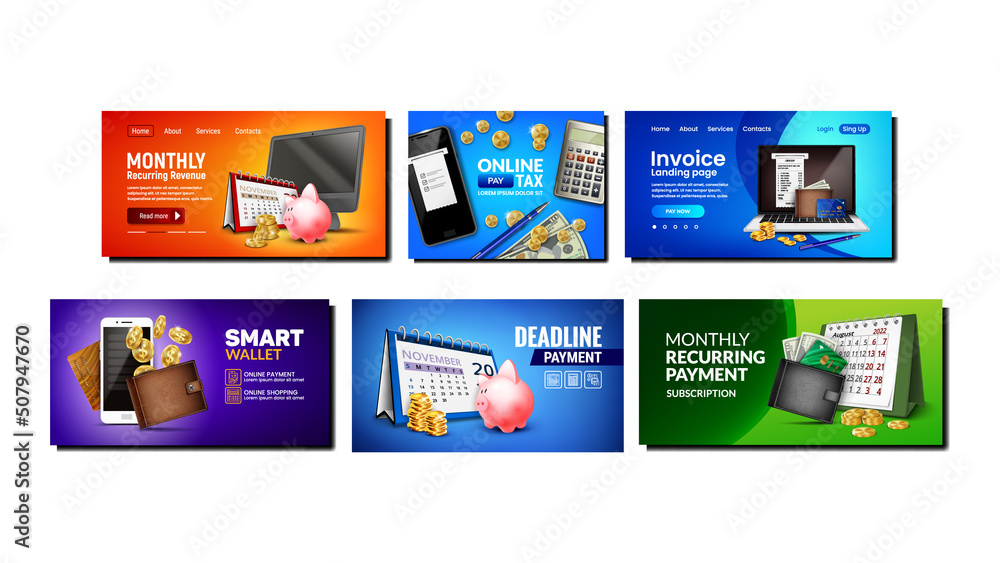 Payment Creative Promotion Posters Set Vector. Invoice And Tax Online ...