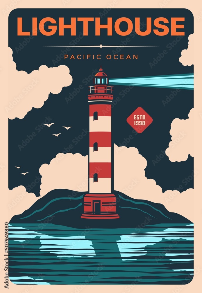 Lighthouse or beacon on seaside, safety seafaring vector poster ...