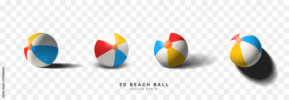 Top, Front, Side, Perspective, view of 3D beach ball on transparent ...