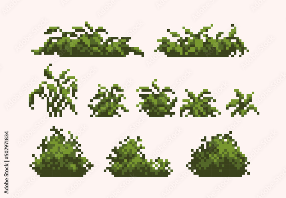 Vector de Stock Backyard bushes pixel art icon set. Tropical shrub ...