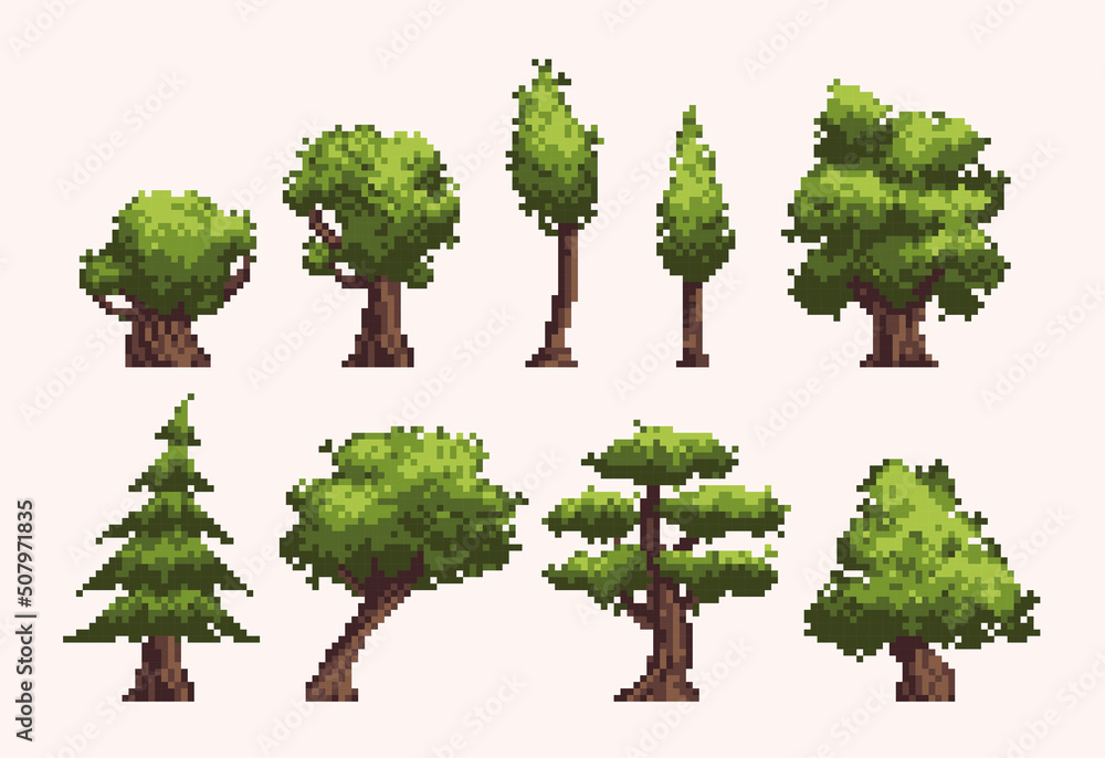 Image vectorielle Stock Different trees pixel art icon set. Forest flora species logo collection ...