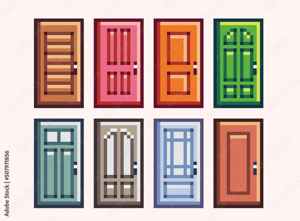 Different doors pixel art set. House entrances collection. 8 bit sprite ...