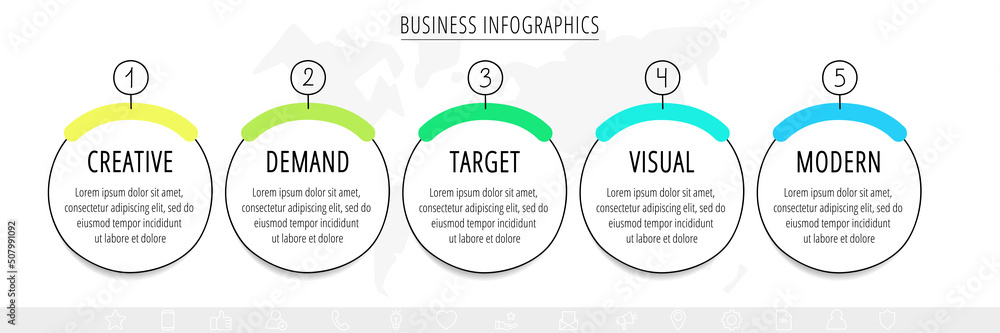 Business vector infographics with five circles. Hand drawn timeline ...