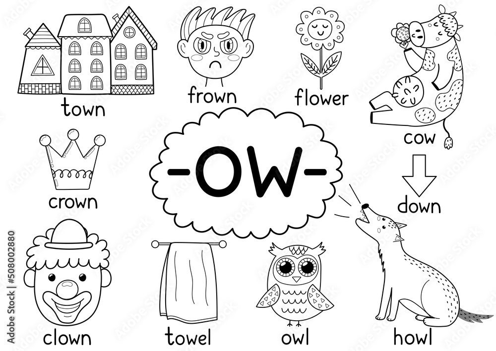 Ow digraph spelling rule black and white educational poster for kids ...