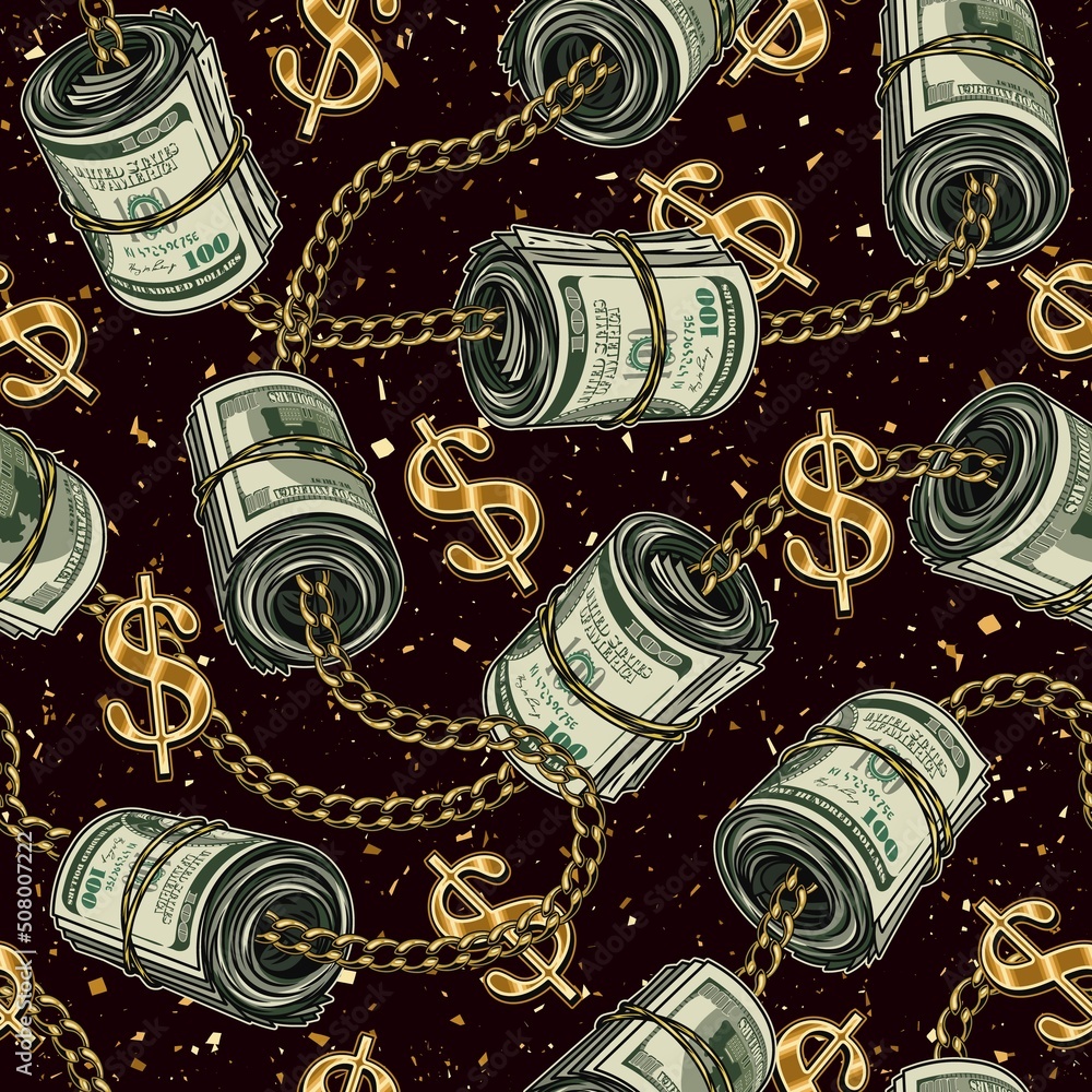Money seamless pattern with rolls of 100 dollars bills, gold chains ...
