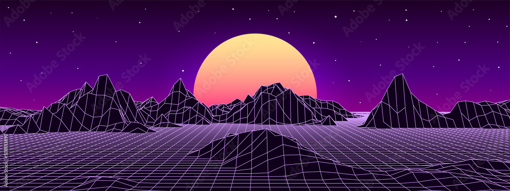 Retro fantastic background of the 80s. Vector mountain wireframe ...