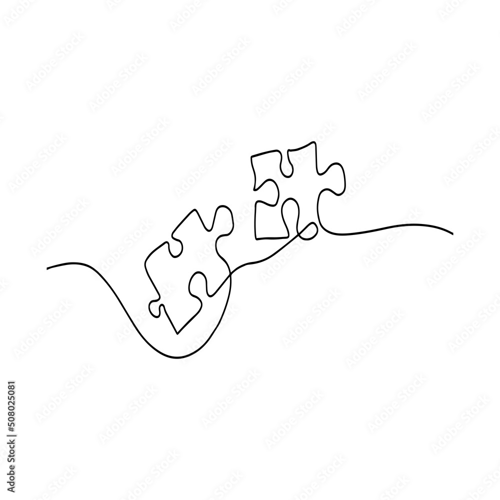 Continuous one-line drawing of two puzzle pieces on a white background ...