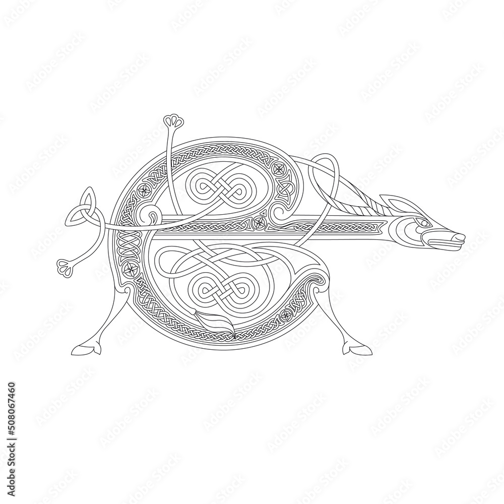 Line Drawing of a Medieval Initial Letter E combining animal body parts ...