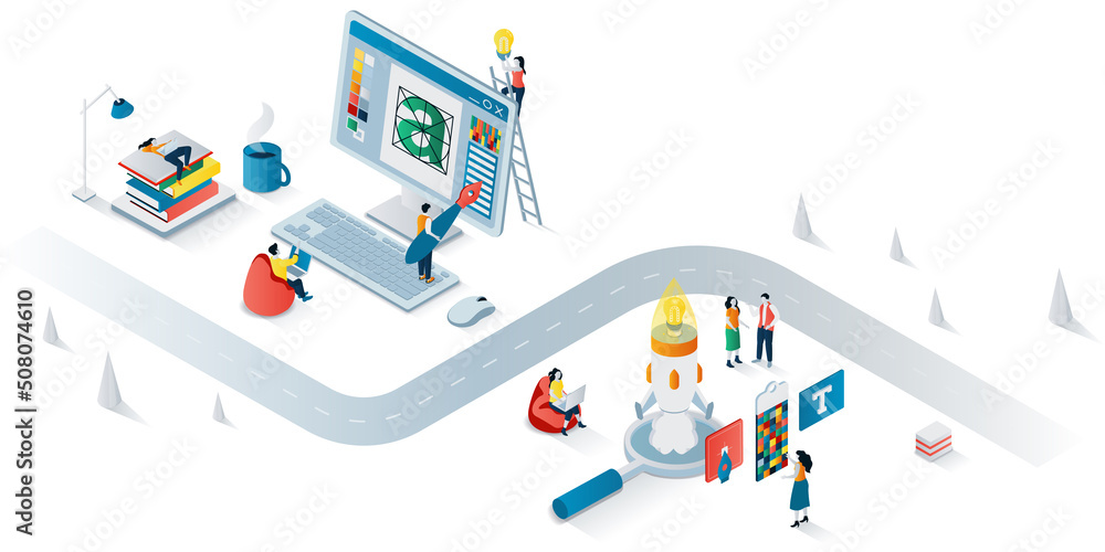 Design studio concept 3d isometric web banner. People designers work on ...
