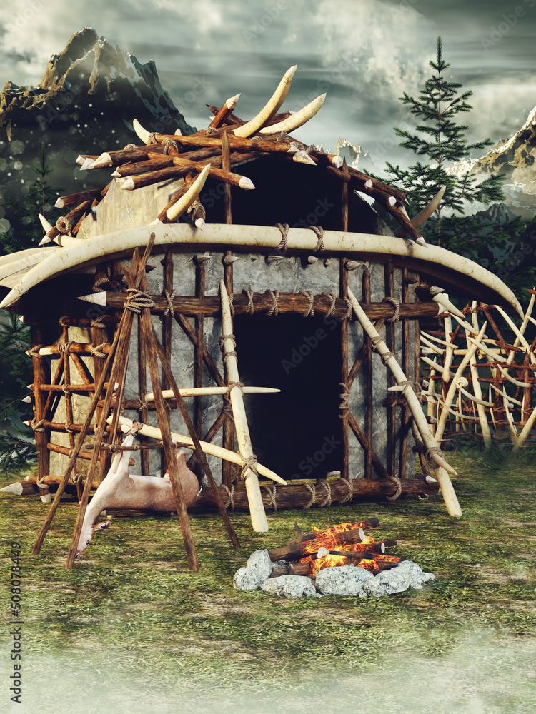 Fantasy orc hut in the mountains, made of wood, with a bonfire and a ...