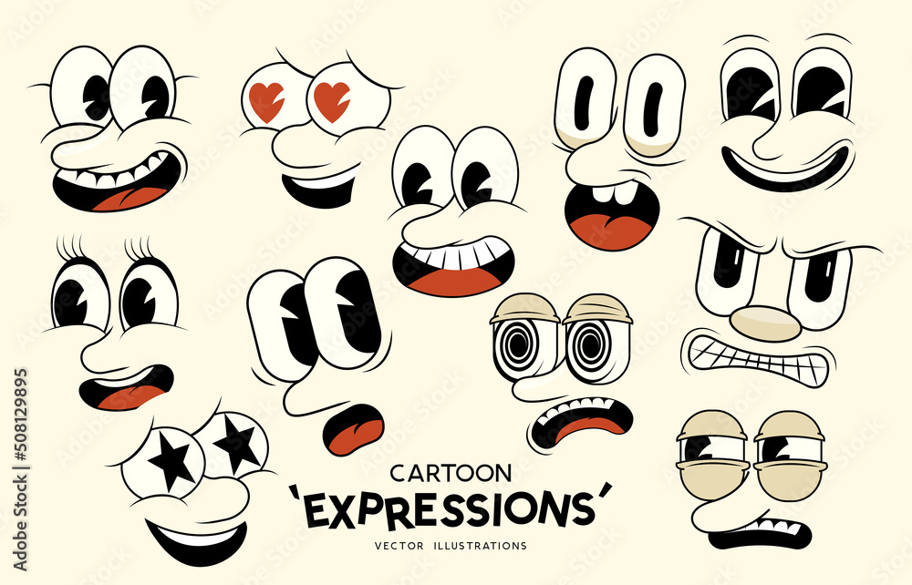A collection of classic retro cartoon faces and emotional expressions ...