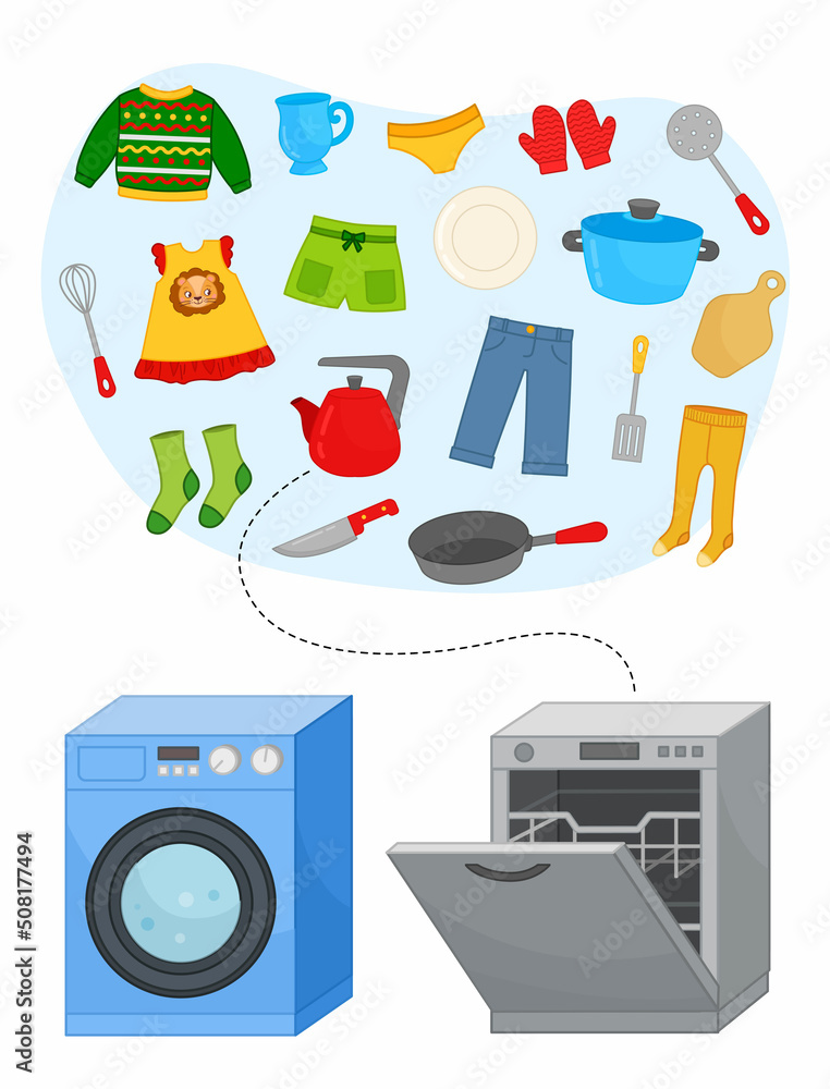 Matching children educational game. Put clothes in the washing machine ...