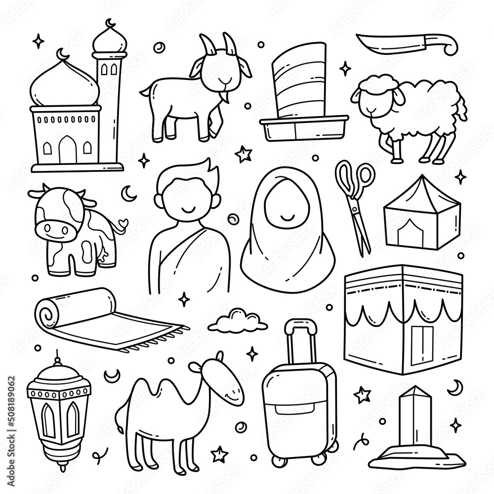 Hajj umrah doodle hand drawn cartoon muslim. Eid al adha mubarak sketch ...