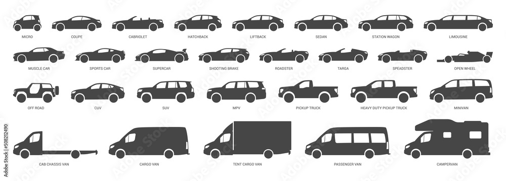 Car body types. Different vehicles. Vector illustration. Collection ...
