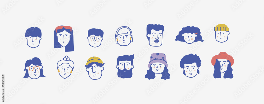 Profile icon set in hand drawn cartoon style. Heads with different ...
