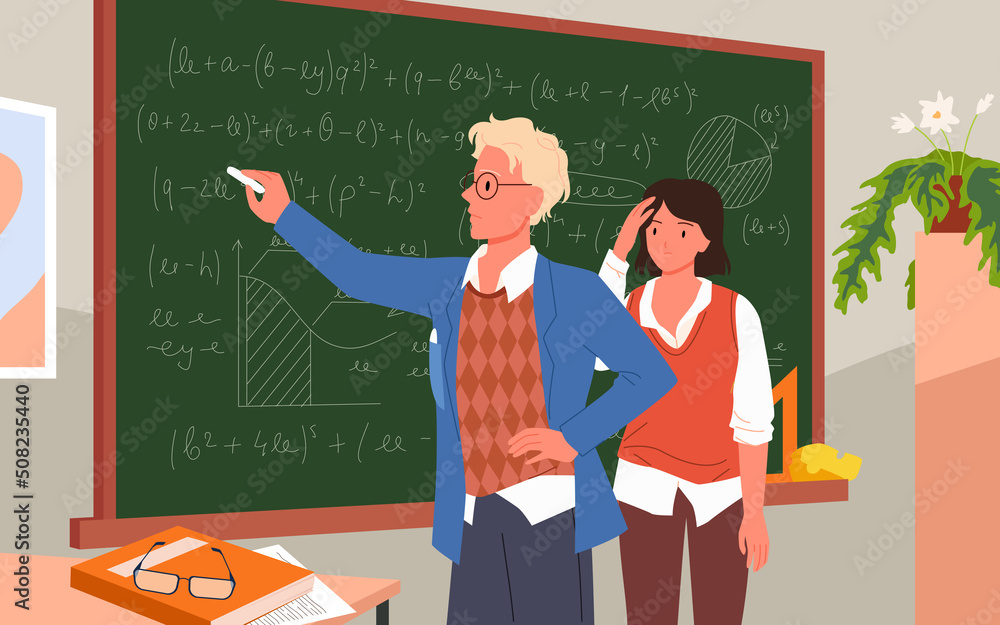 Teacher explaining math in class at school vector illustration. Cartoon ...