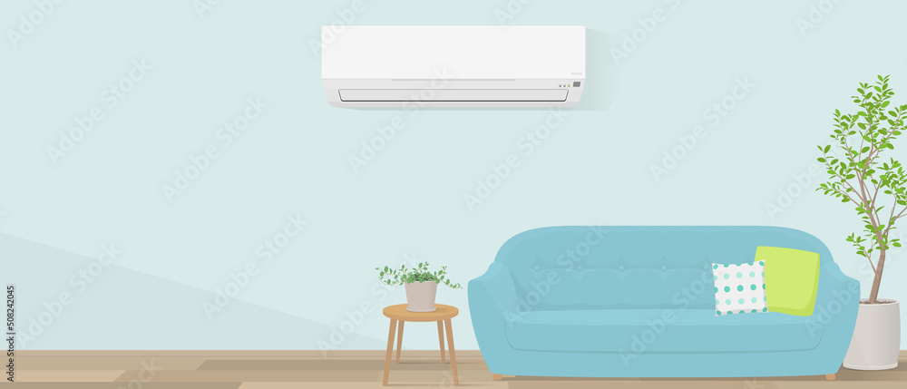 Vector illustration of ductless mini-split air conditioner in living room with copy space. Stock ...
