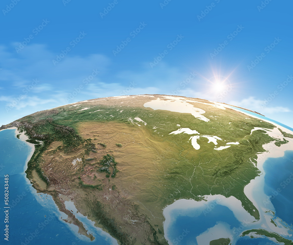 Physical map of Planet Earth, focused on USA, North America. Satellite ...