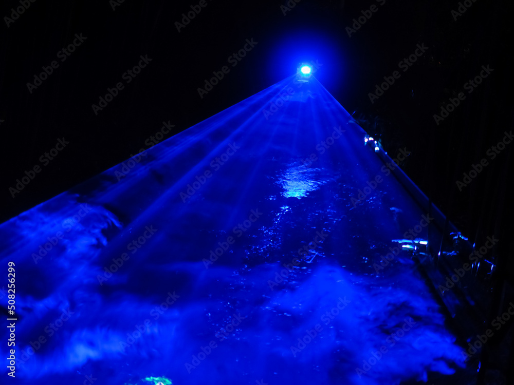 Blue neon glowing image on the water in the night dark park. Image ...