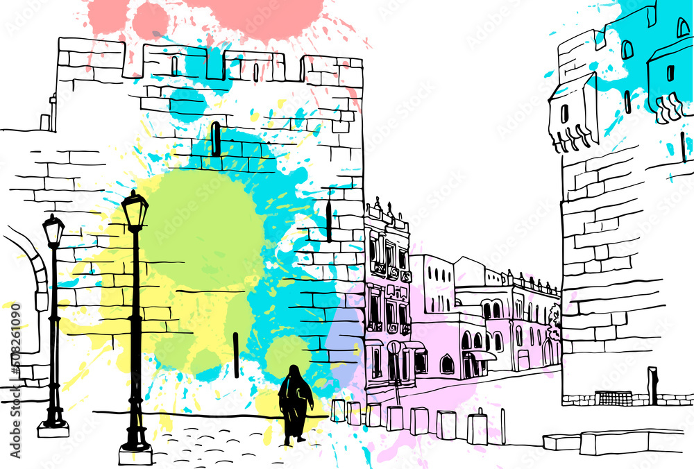 Old street of Jerusalem, black and white vector illustration in hand ...