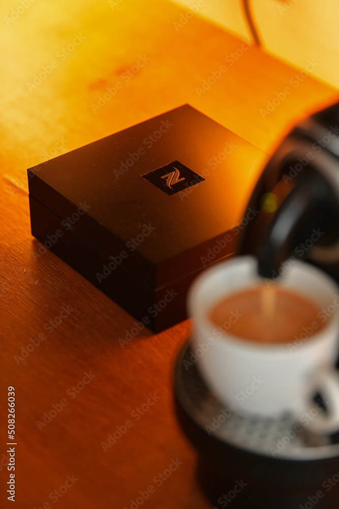 Nespresso Essenza coffee machine preparing an espresso coffee on a ...