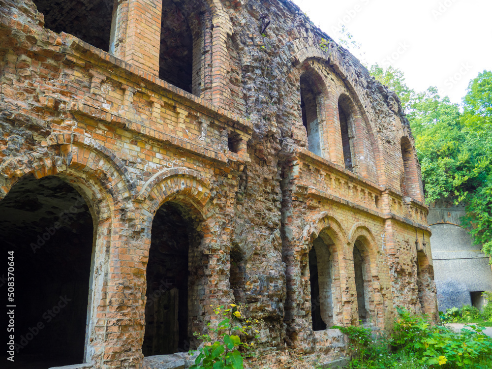 Ancient brick ruins of old fortification fort outpost. Monument of ...