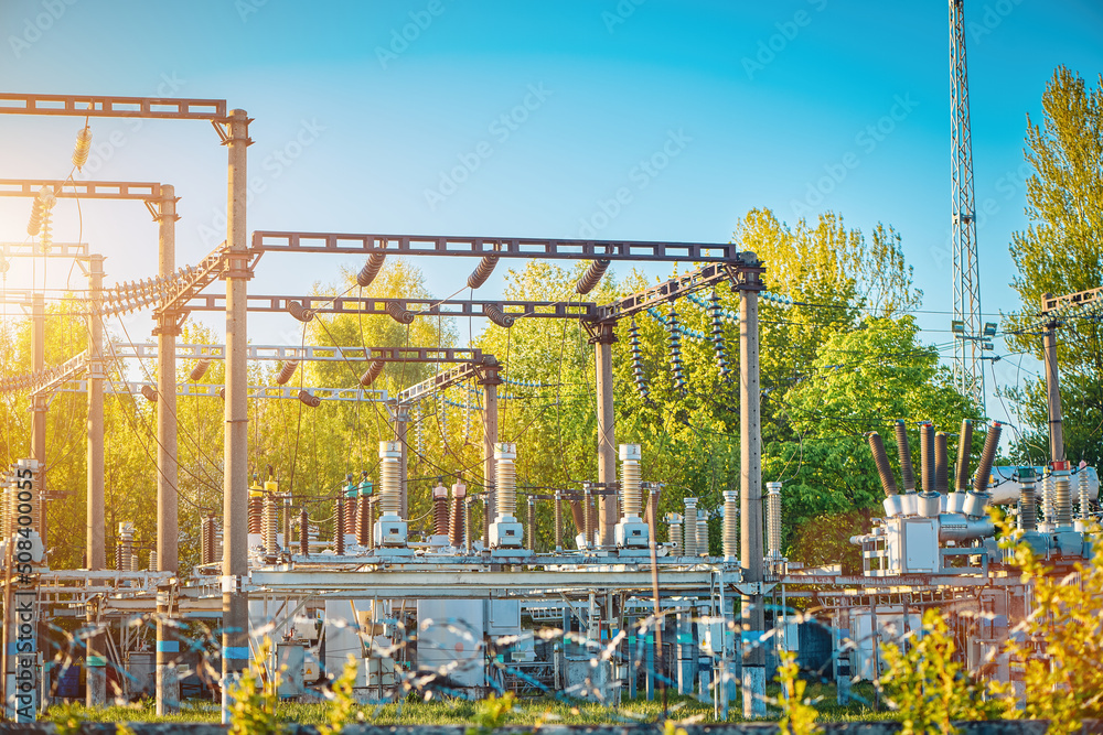 High-voltage power electrical substation. Parts of an electricity ...