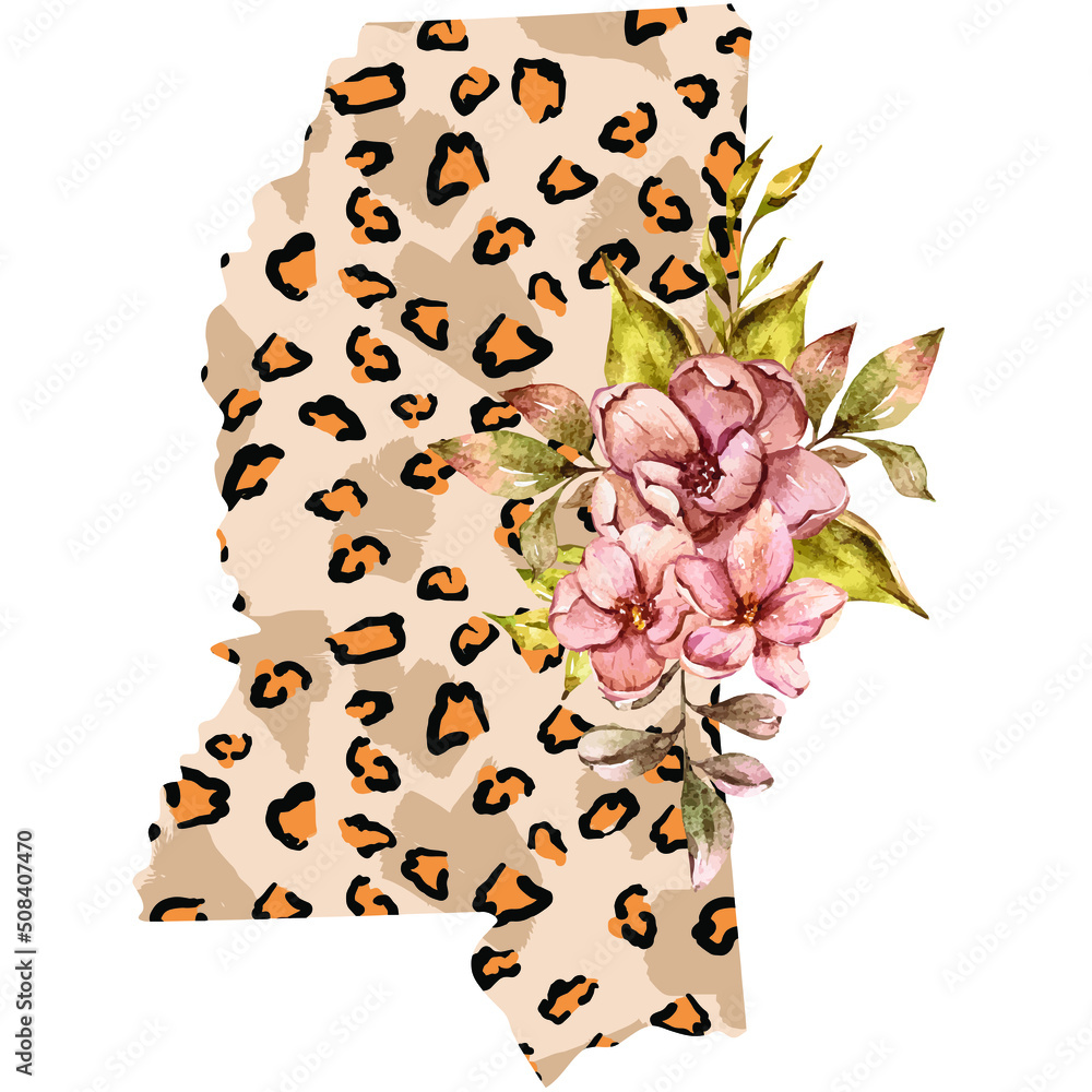 Floral USA Mississippi map decorated with watercolor flower bouquet ...