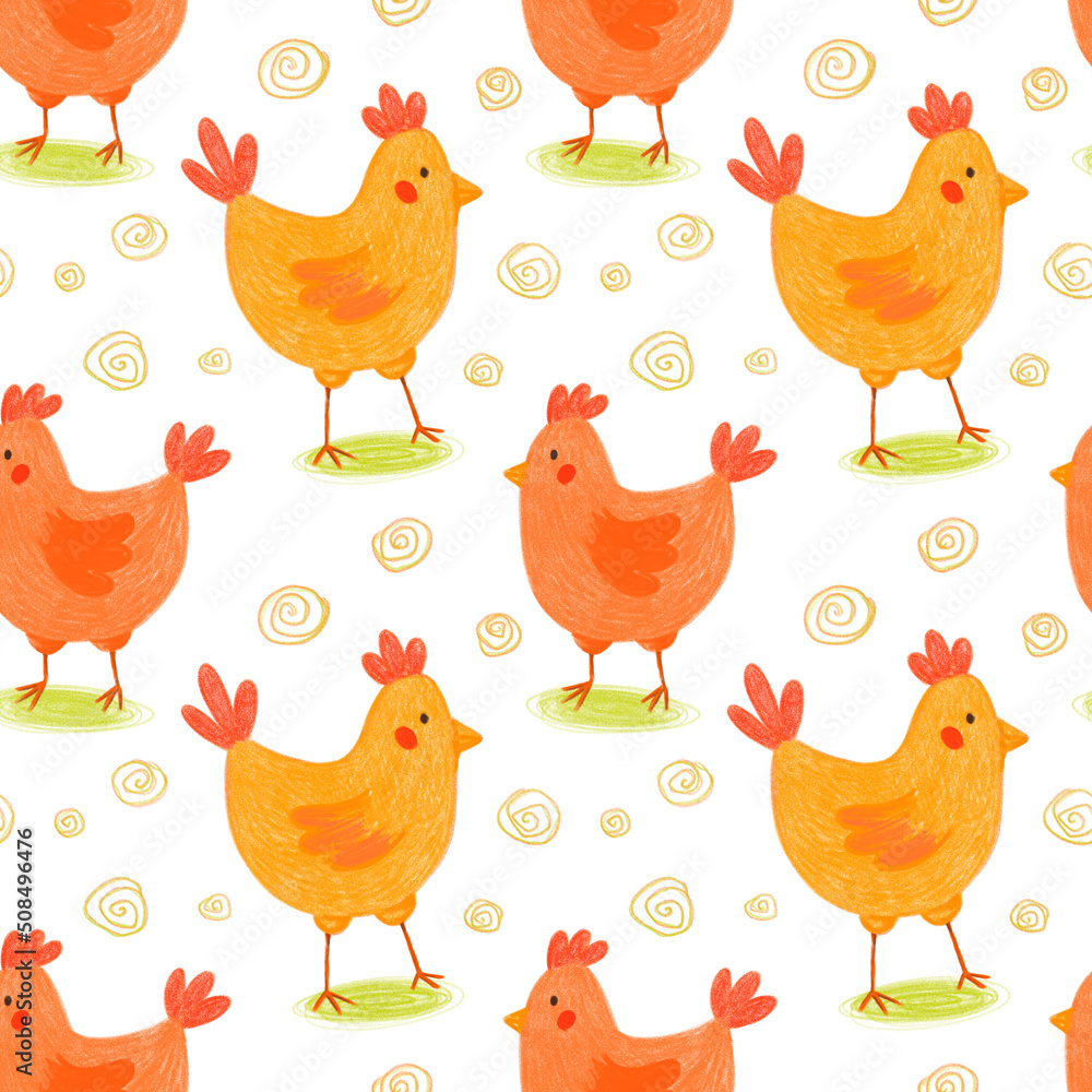 Ilustración de Stock Orange and yellow hens seamless pattern on white ...