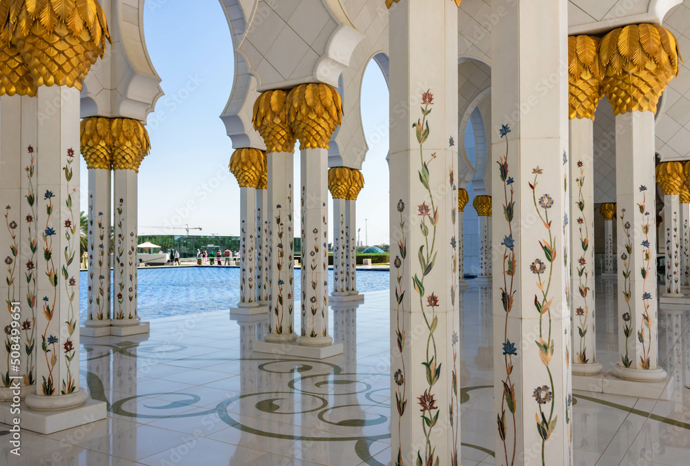 Abu Dhabi, UAE - February 19th 2022: Beautiful columns and arabesques ...