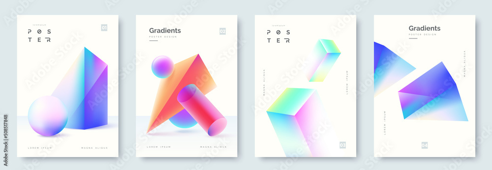 Abstract poster collection with colorful 3d geometric shapes. Geometric ...