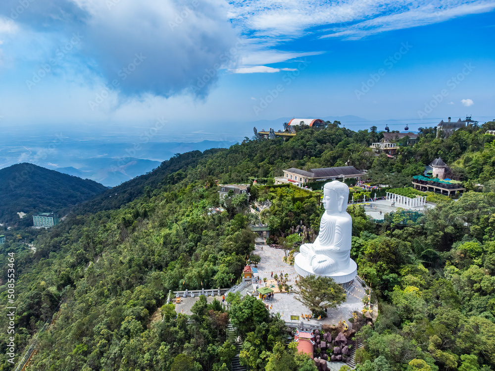 Aerial view of Da Nang Ba Na hills with Golden bridge, Helios Waterfall ...