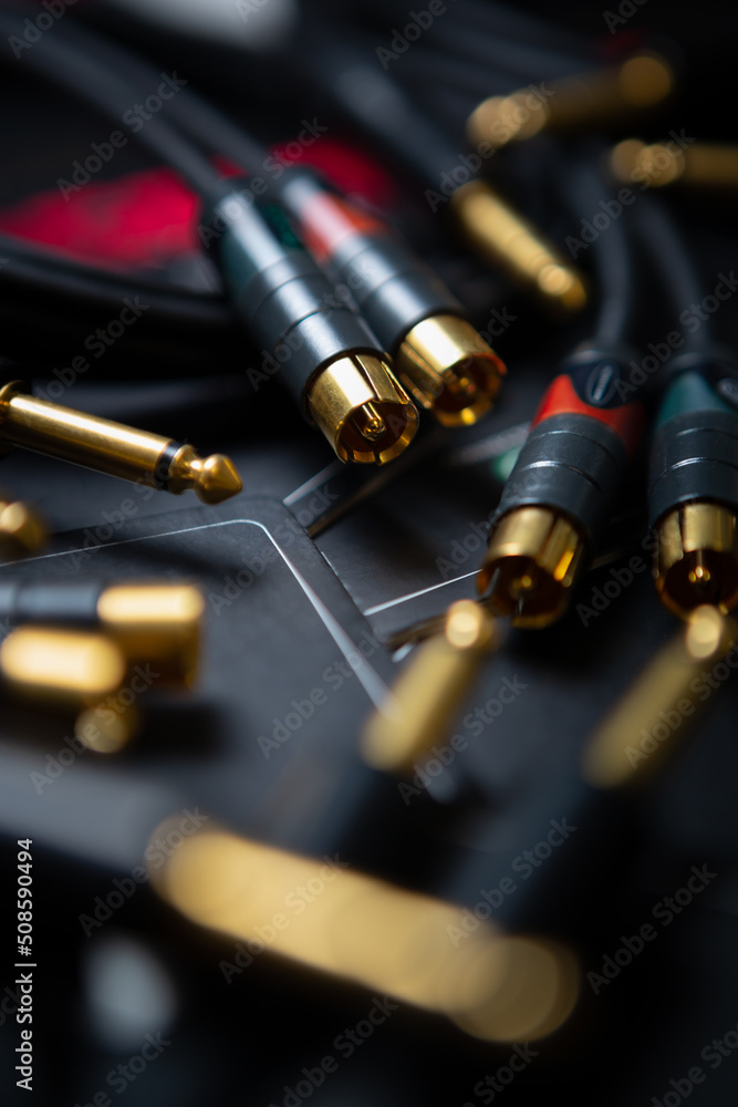 Professional audio cables for sound recording studio. Connector musical equipment with hi fi ...