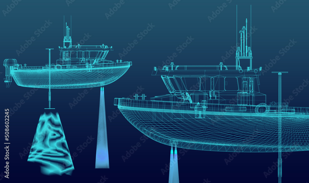 Schematic of a motor boat with sonar. Bathymetry. 3d-rendering Stock ...