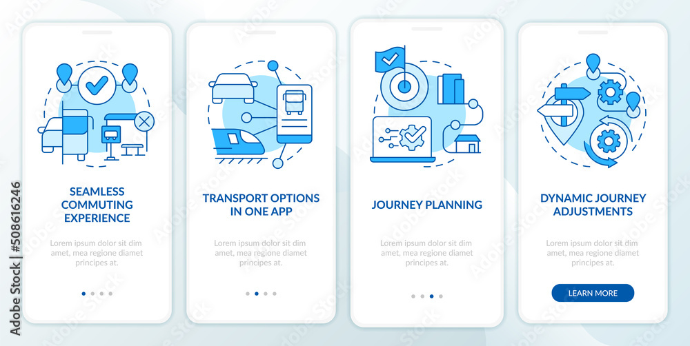 MaaS perks blue onboarding mobile app screen. Mobility services walkthrough 4 steps editable ...