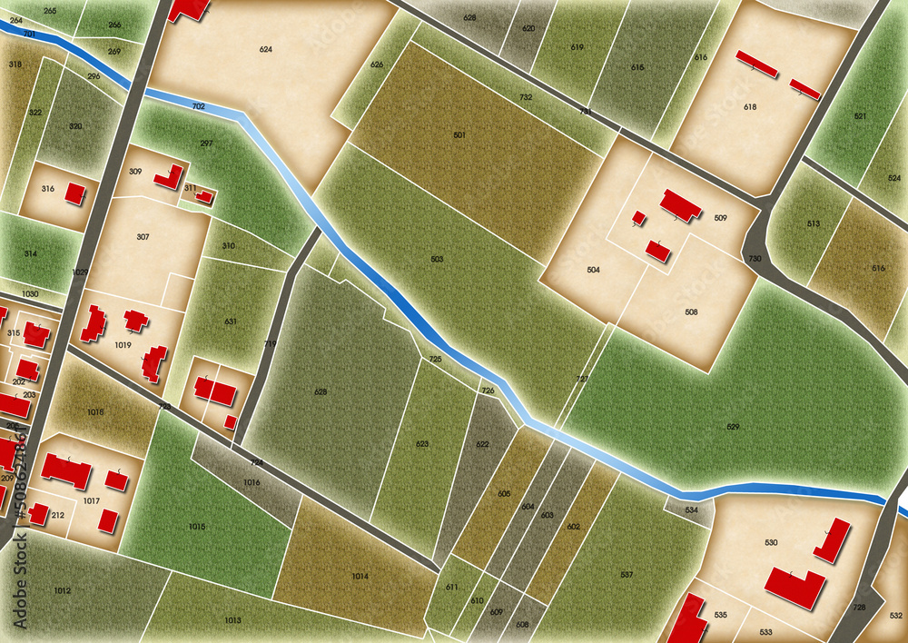 Imaginary cadastral map of territory of a rural area with buildings ...