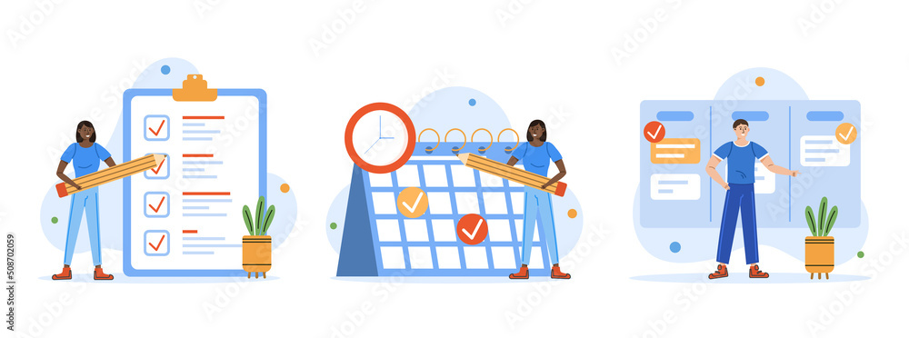 Schedule planning illustration set. Characters planning work tasks with ...