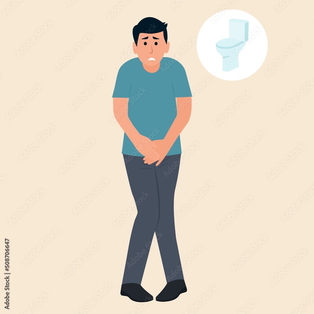 Stressed man standing and want to pee. Anxious guy with a full bladder ...