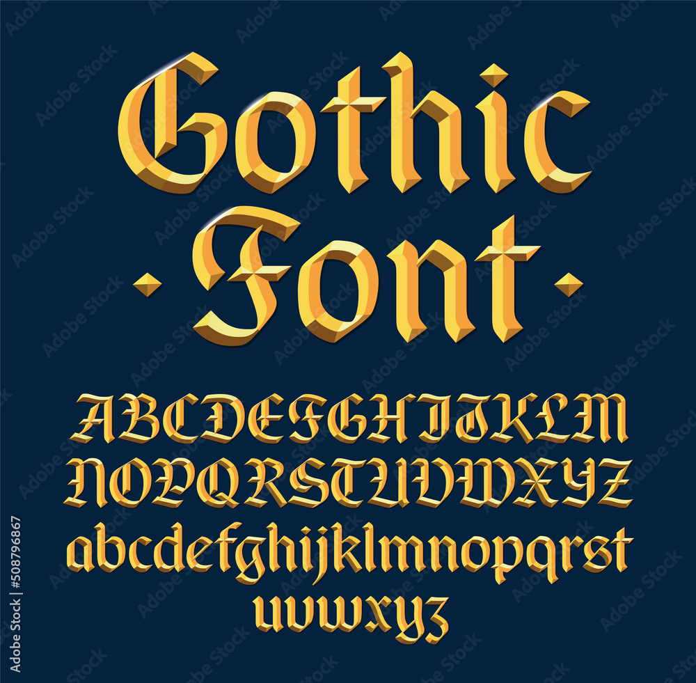 Golden beveled gothic font, decorative metallic 3d blackletter typeface ...