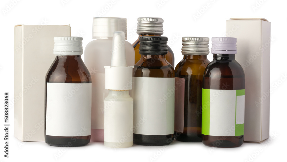 group of different medicine containers mockup with blank labels ...