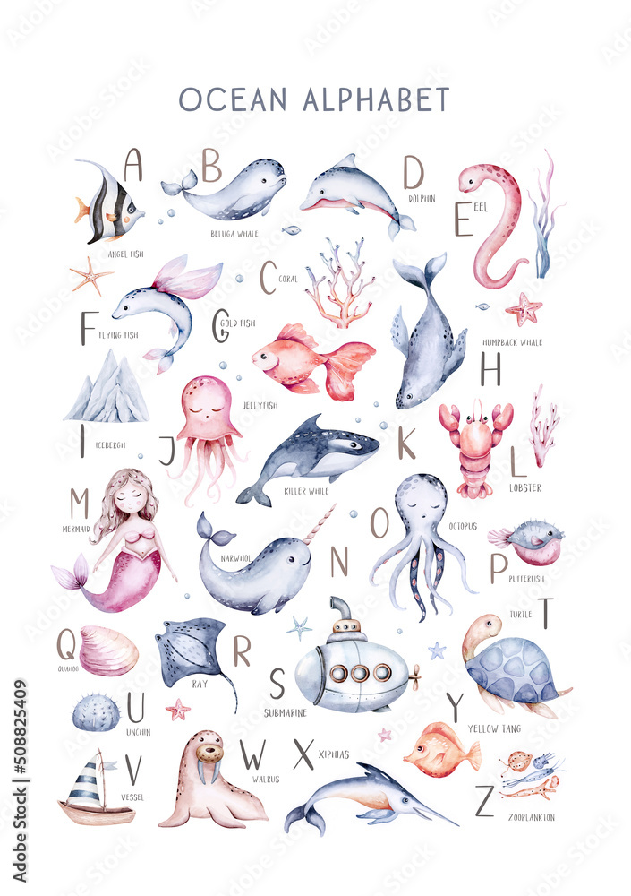 Kids alphabet of sea animals. Blue watercolor ocean fish, turtle, whale ...