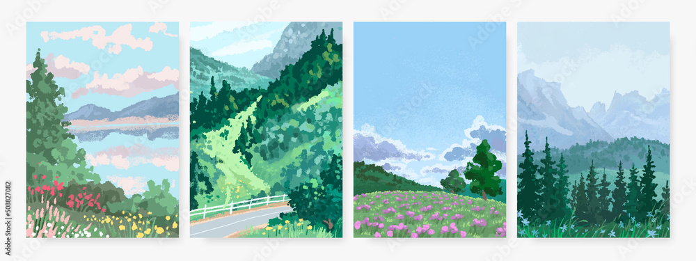 Set of hand drawn vector landscape background. Beautiful illustration ...