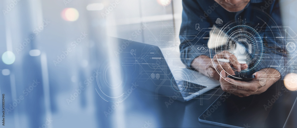 Foto Computer programmer analyzing software coding and development, information on futuristic ...