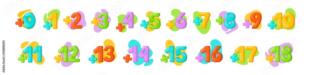 Number sticker. Color bubble age stamps with plus. Cute kids symbols ...